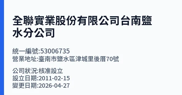 全聯實業股份有限公司台南鹽水分公司的照片-統編 53006735(臺南市) 公司登記資料與營業項目詳細圖表