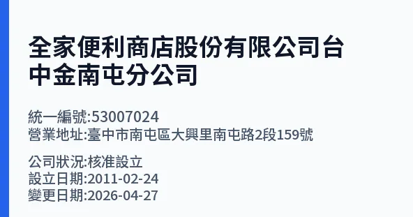 全家便利商店股份有限公司台中金南屯分公司的照片-統編 53007024(臺中市) 公司登記資料與營業項目詳細圖表