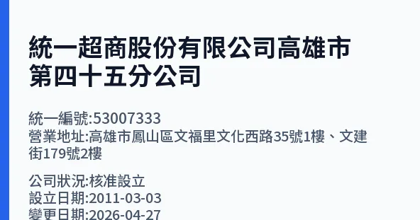 統一超商股份有限公司高雄市第四十五分公司的照片-統編 53007333(高雄市) 公司登記資料與營業項目詳細圖表