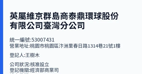 英屬維京群島商泰鼎環球股份有限公司臺灣分公司的照片-統編 53007431(桃園市) 公司登記資料與營業項目詳細圖表