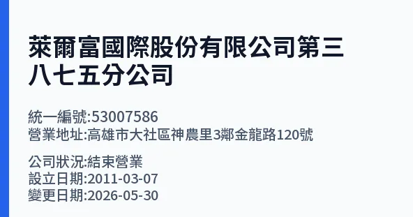 萊爾富國際股份有限公司第三八七五分公司的照片-統編 53007586(高雄市) 公司登記資料與營業項目詳細圖表
