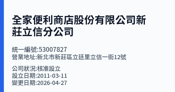 全家便利商店股份有限公司新莊立信分公司的照片-統編 53007827(新北市) 公司登記資料與營業項目詳細圖表