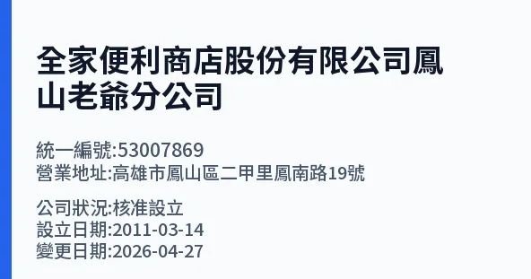 全家便利商店股份有限公司鳳山老爺分公司的照片-統編 53007869(高雄市) 公司登記資料與營業項目詳細圖表