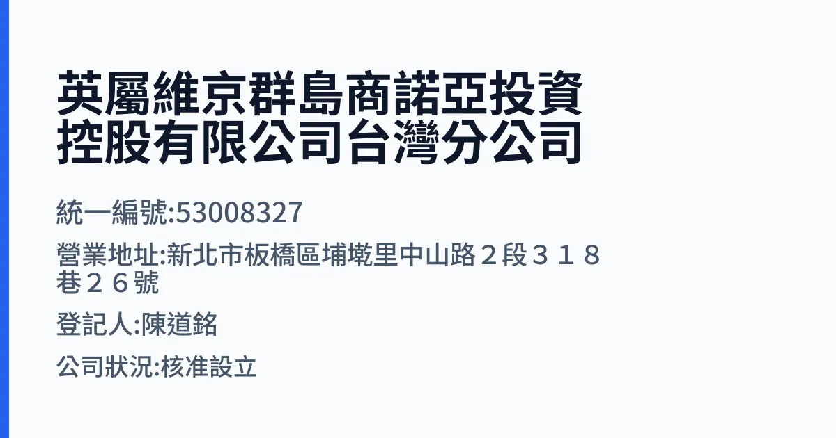 英屬維京群島商諾亞投資控股有限公司台灣分公司 - 統編 53008327(新北市) 公司登記資料與營業項目詳細圖表