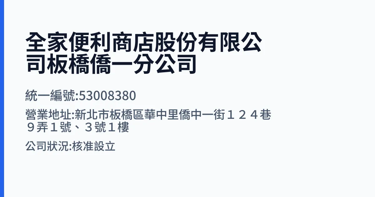 全家便利商店股份有限公司板橋僑一分公司 - 統編 53008380(新北市) 公司登記資料與營業項目詳細圖表