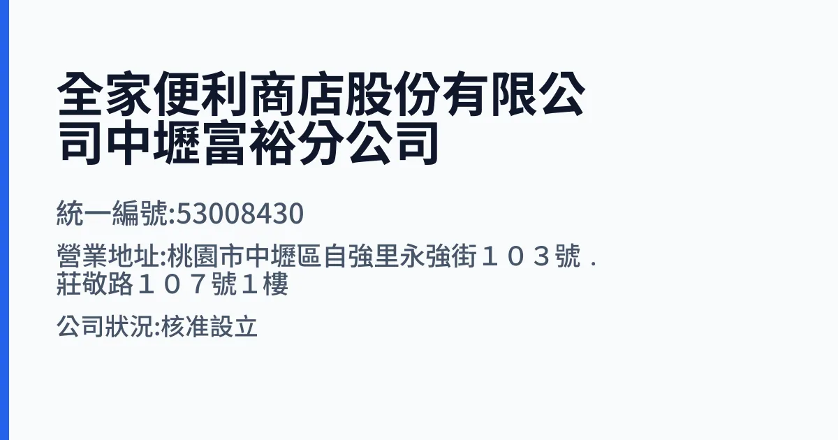 全家便利商店股份有限公司中壢富裕分公司 - 統編 53008430(桃園市) 公司登記資料與營業項目詳細圖表
