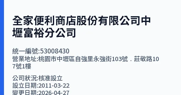 全家便利商店股份有限公司中壢富裕分公司的照片-統編 53008430(桃園市) 公司登記資料與營業項目詳細圖表