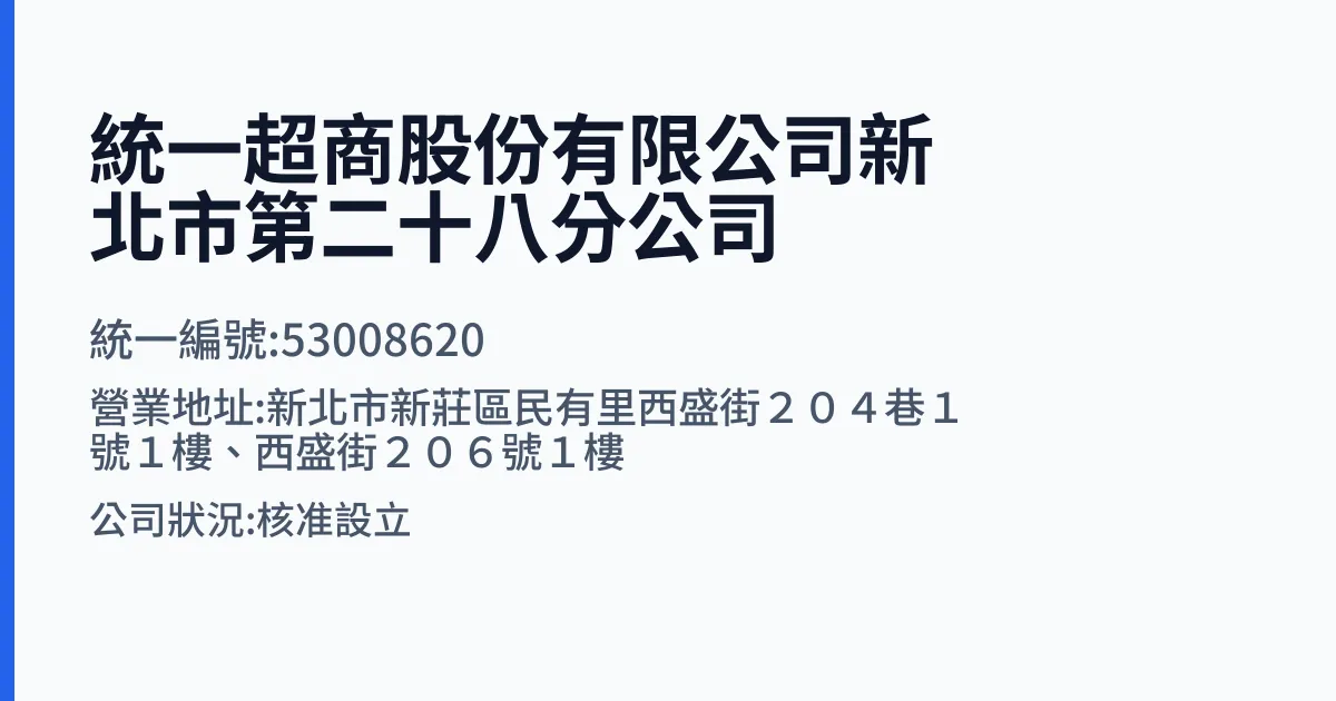 統一超商股份有限公司新北市第二十八分公司 - 統編 53008620(新北市) 公司登記資料與營業項目詳細圖表