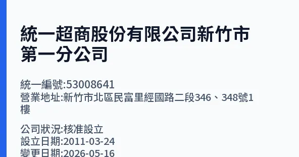 統一超商股份有限公司新竹市第一分公司的照片-統編 53008641(新竹市) 公司登記資料與營業項目詳細圖表