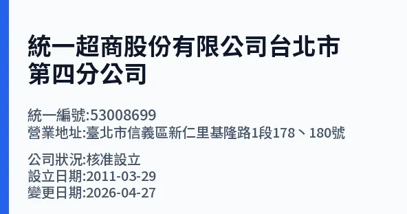 統一超商股份有限公司台北市第四分公司的照片-統編 53008699(臺北市) 公司登記資料與營業項目詳細圖表
