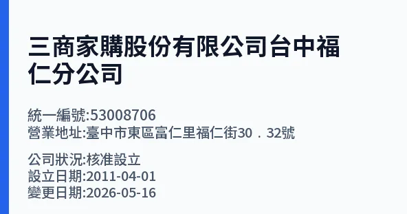三商家購股份有限公司台中福仁分公司的照片-統編 53008706(臺中市) 公司登記資料與營業項目詳細圖表