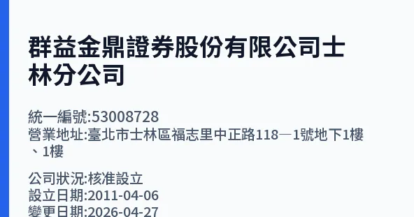 群益金鼎證券股份有限公司士林分公司的照片-統編 53008728(臺北市) 公司登記資料與營業項目詳細圖表
