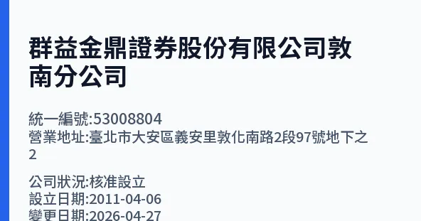 群益金鼎證券股份有限公司敦南分公司的照片-統編 53008804(臺北市) 公司登記資料與營業項目詳細圖表