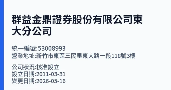 群益金鼎證券股份有限公司東大分公司的照片-統編 53008993(新竹市) 公司登記資料與營業項目詳細圖表