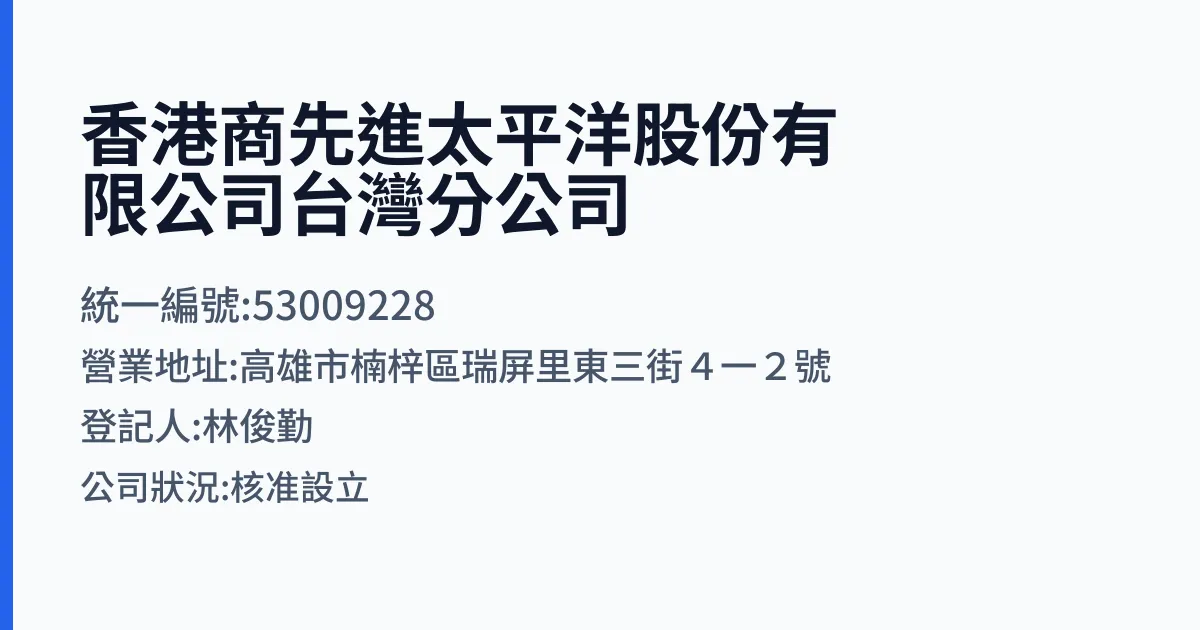 香港商先進太平洋股份有限公司台灣分公司 - 統編 53009228(高雄市) 公司登記資料與營業項目詳細圖表
