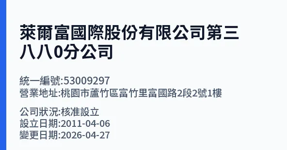 萊爾富國際股份有限公司第三八八0分公司的照片-統編 53009297(桃園市) 公司登記資料與營業項目詳細圖表
