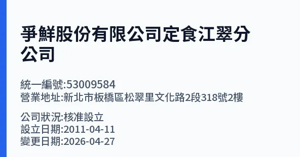 爭鮮股份有限公司定食江翠分公司的照片-統編 53009584(新北市) 公司登記資料與營業項目詳細圖表