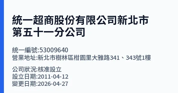 統一超商股份有限公司新北市第五十一分公司的照片-統編 53009640(新北市) 公司登記資料與營業項目詳細圖表