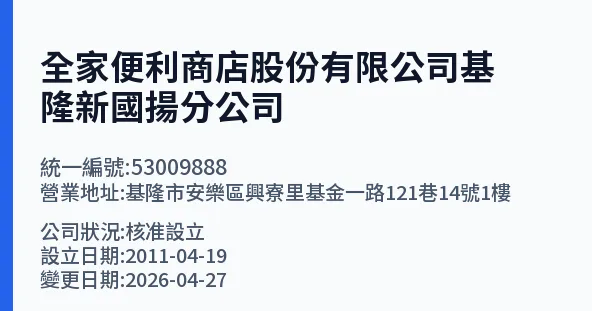 全家便利商店股份有限公司基隆新國揚分公司的照片-統編 53009888(基隆市) 公司登記資料與營業項目詳細圖表