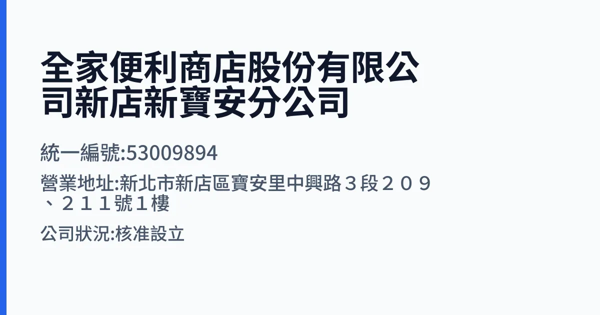 全家便利商店股份有限公司新店新寶安分公司 - 統編 53009894(新北市) 公司登記資料與營業項目詳細圖表