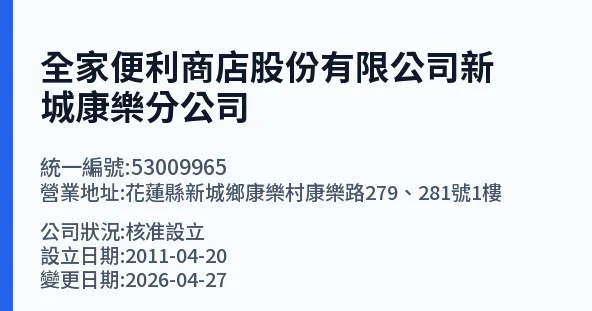 全家便利商店股份有限公司新城康樂分公司的照片-統編 53009965(花蓮縣) 公司登記資料與營業項目詳細圖表