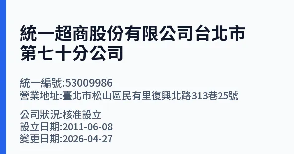 統一超商股份有限公司台北市第七十分公司的照片-統編 53009986(臺北市) 公司登記資料與營業項目詳細圖表