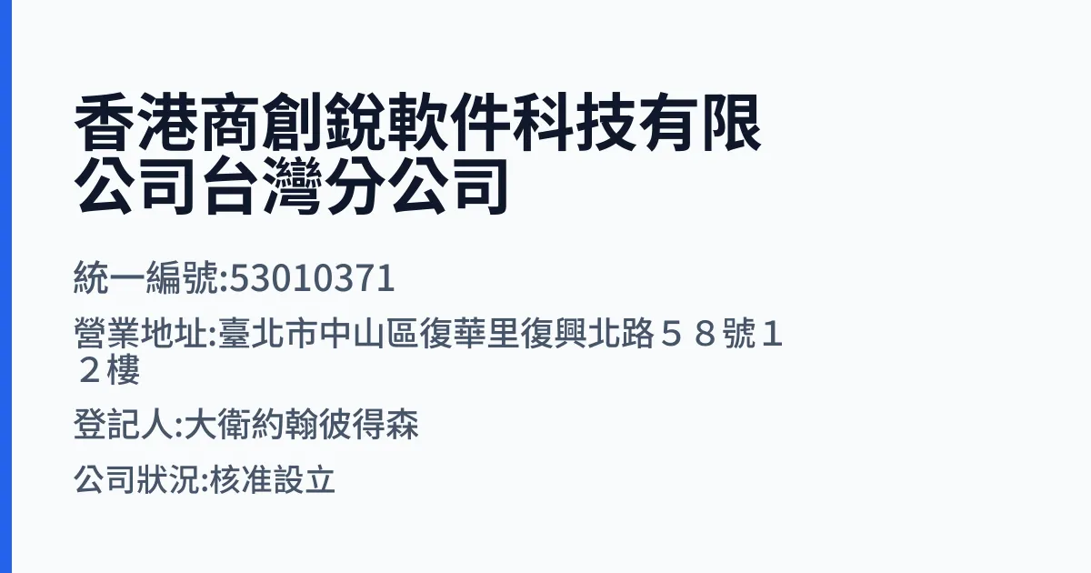 香港商創銳軟件科技有限公司台灣分公司 - 統編 53010371(臺北市) 公司登記資料與營業項目詳細圖表