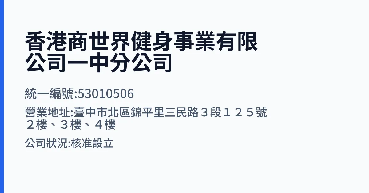 香港商世界健身事業有限公司一中分公司 - 統編 53010506(臺中市) 公司登記資料與營業項目詳細圖表