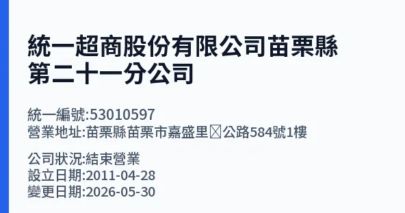 統一超商股份有限公司苗栗縣第二十一分公司的照片-統編 53010597(苗栗縣) 公司登記資料與營業項目詳細圖表