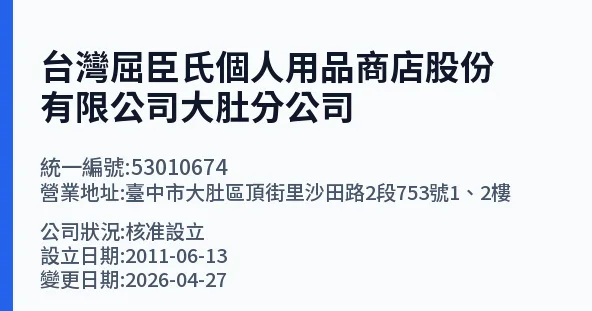 台灣屈臣氏個人用品商店股份有限公司大肚分公司的照片-統編 53010674(臺中市) 公司登記資料與營業項目詳細圖表