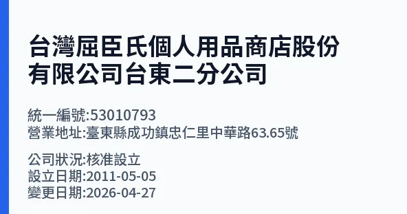 台灣屈臣氏個人用品商店股份有限公司台東二分公司的照片-統編 53010793(臺東縣) 公司登記資料與營業項目詳細圖表