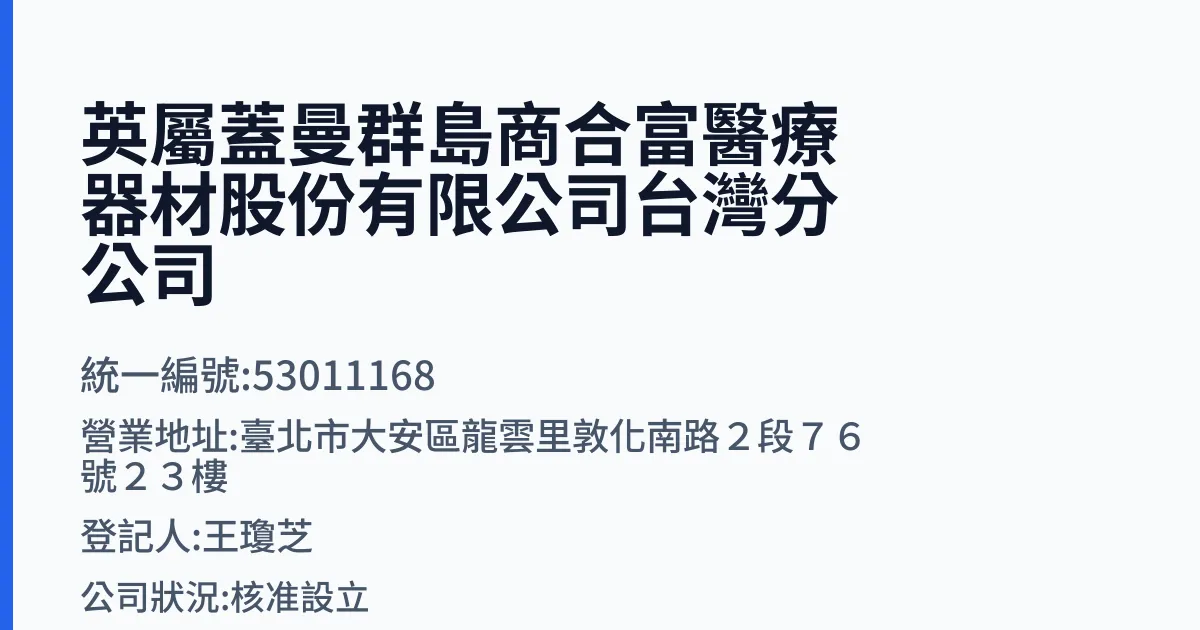 英屬蓋曼群島商合富醫療器材股份有限公司台灣分公司 - 統編 53011168(臺北市) 公司登記資料與營業項目詳細圖表