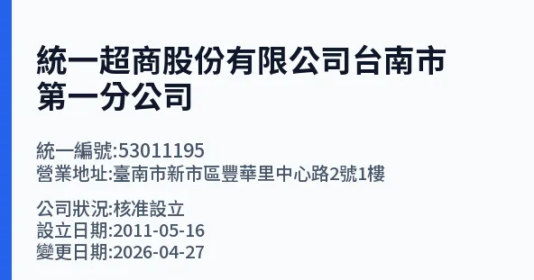 統一超商股份有限公司台南市第一分公司的照片-統編 53011195(臺南市) 公司登記資料與營業項目詳細圖表