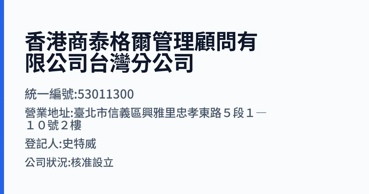 香港商泰格爾管理顧問有限公司台灣分公司 - 統編 53011300(臺北市) 公司登記資料與營業項目詳細圖表