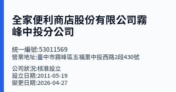 全家便利商店股份有限公司霧峰中投分公司的照片-統編 53011569(臺中市) 公司登記資料與營業項目詳細圖表