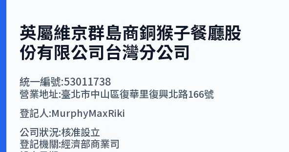 英屬維京群島商銅猴子餐廳股份有限公司台灣分公司的照片-統編 53011738(臺北市) 公司登記資料與營業項目詳細圖表