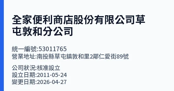 全家便利商店股份有限公司草屯敦和分公司的照片-統編 53011765(南投縣) 公司登記資料與營業項目詳細圖表