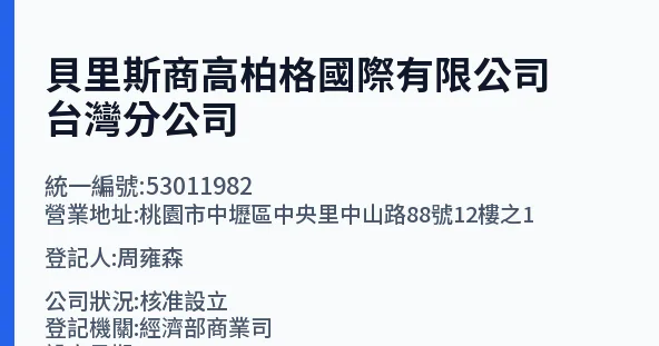 貝里斯商高柏格國際有限公司台灣分公司的照片-統編 53011982(桃園市) 公司登記資料與營業項目詳細圖表