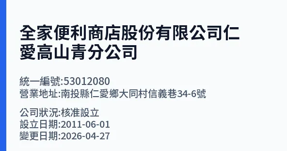 全家便利商店股份有限公司仁愛高山青分公司的照片-統編 53012080(南投縣) 公司登記資料與營業項目詳細圖表