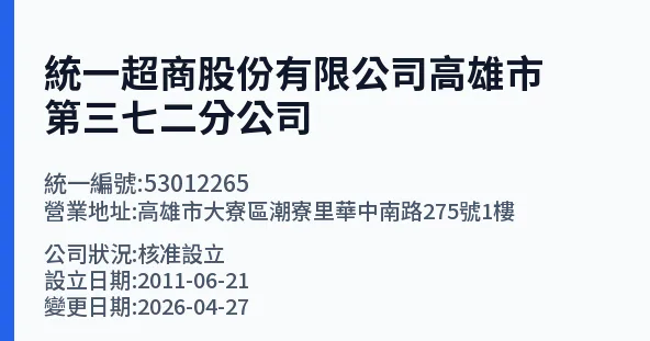 統一超商股份有限公司高雄市第三七二分公司的照片-統編 53012265(高雄市) 公司登記資料與營業項目詳細圖表
