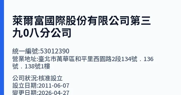 萊爾富國際股份有限公司第三九0八分公司的照片-統編 53012390(臺北市) 公司登記資料與營業項目詳細圖表