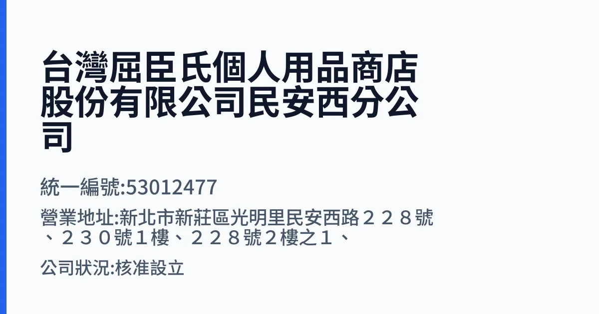 台灣屈臣氏個人用品商店股份有限公司民安西分公司 - 統編 53012477(新北市) 公司登記資料與營業項目詳細圖表