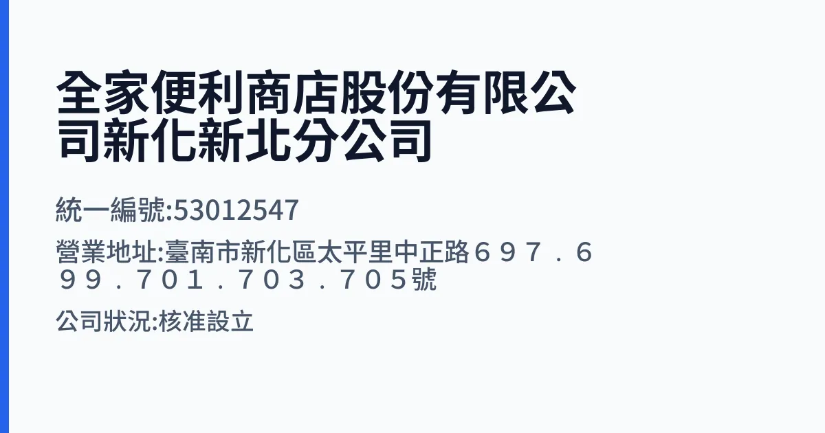 全家便利商店股份有限公司新化新北分公司 - 統編 53012547(臺南市) 公司登記資料與營業項目詳細圖表