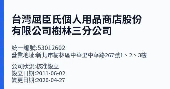 台灣屈臣氏個人用品商店股份有限公司樹林三分公司的照片-統編 53012602(新北市) 公司登記資料與營業項目詳細圖表