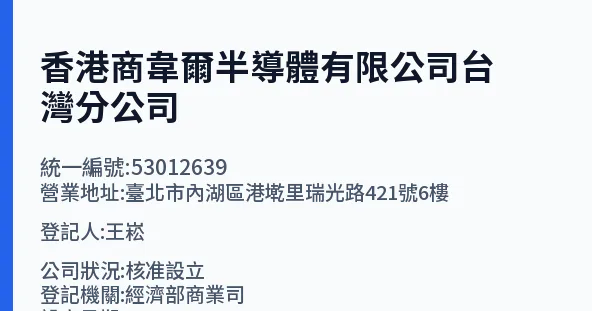 香港商韋爾半導體有限公司台灣分公司的照片-統編 53012639(臺北市) 公司登記資料與營業項目詳細圖表