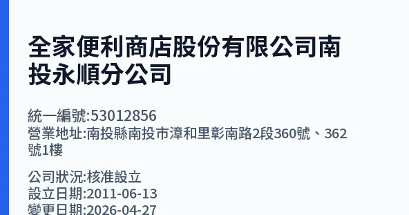 全家便利商店股份有限公司南投永順分公司的照片-統編 53012856(南投縣) 公司登記資料與營業項目詳細圖表