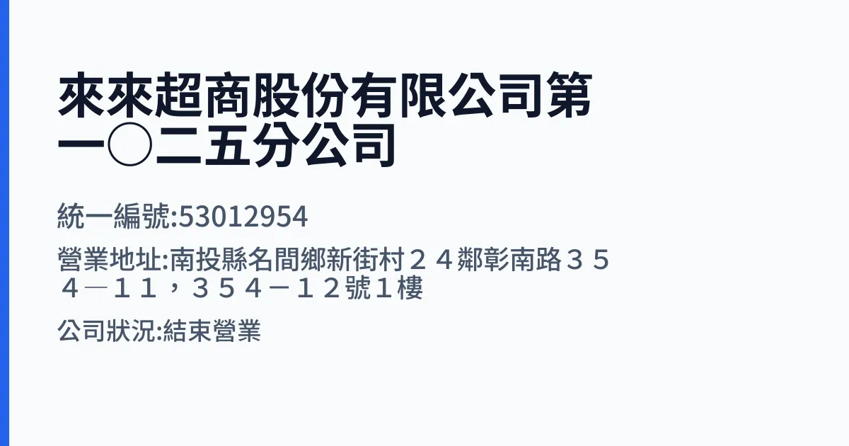 來來超商股份有限公司第一○二五分公司 - 統編 53012954(南投縣) 公司登記資料與營業項目詳細圖表