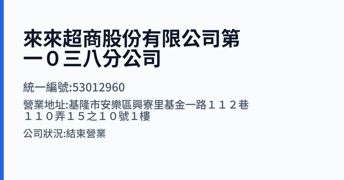 來來超商股份有限公司第一０三八分公司 - 統編 53012960(基隆市) 公司登記資料與營業項目詳細圖表