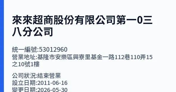 來來超商股份有限公司第一0三八分公司的照片-統編 53012960(基隆市) 公司登記資料與營業項目詳細圖表