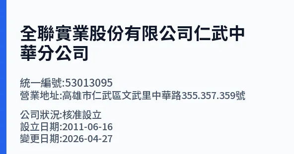 全聯實業股份有限公司仁武中華分公司的照片-統編 53013095(高雄市) 公司登記資料與營業項目詳細圖表